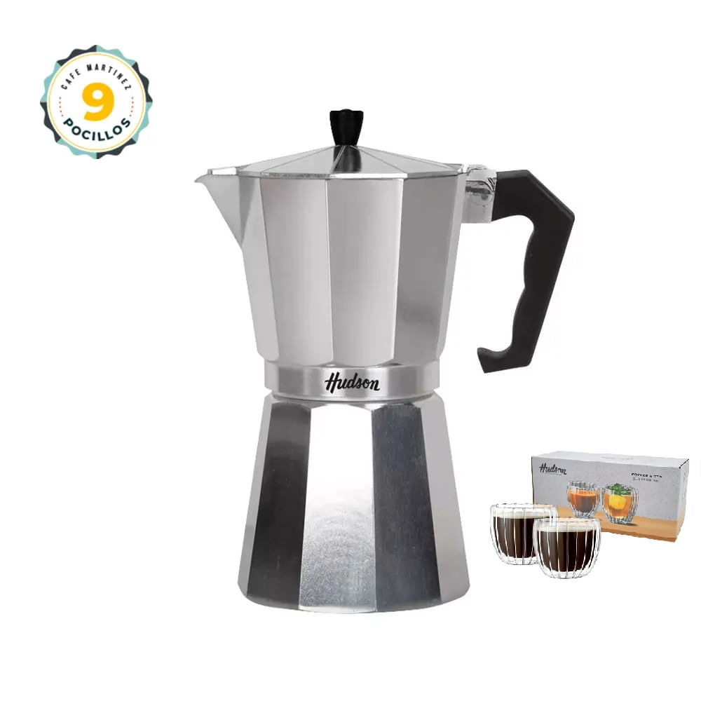 Kit Cafetera Hudson Aluminio Pulido Tipo Italiana 9 Tazas + Set de 2 ...